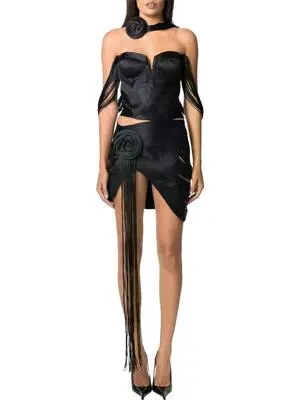 NORINA ST Floral Appliqué Fringed Corset Set - Black