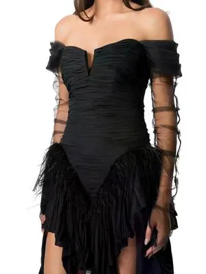NORINA ST Diada Feather-trim Asymmetric Dress - Black