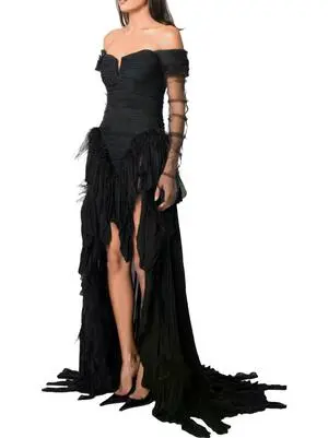 NORINA ST Diada Feather-trim Asymmetric Dress - Black