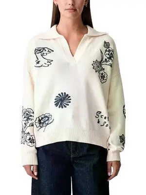 Scotch & Soda Royal Delft Floral-embroidered Polo-collar Sweater - White