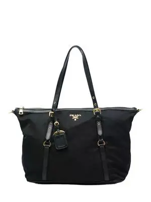 Prada Saffiano Trimmed Tessuto Zip Top Convertible Tote Satchel - Black