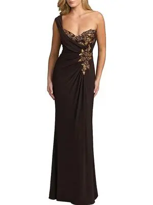 Mac Duggal One Shoulder Embellished Jersey Gown - Chocolate
