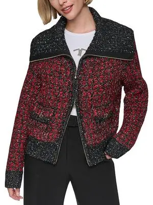 Sonia Rykiel Paris Tweed Zip Front Sweater Jacket - Maroon Multi