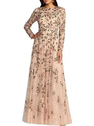 Mac Duggal Embellished Lace Floral Long Sleeve A-line Gown - Rose Multi