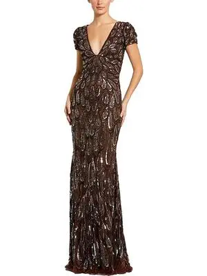 Mac Duggal Mac Duggal Beaded Sequin V-Neck Cap Sleeve Fitted Column Gown Chocolate