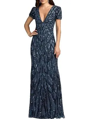 Mac Duggal Mac Duggal Beaded Sequin V-Neck Cap Sleeve Fitted Column Gown Denim
