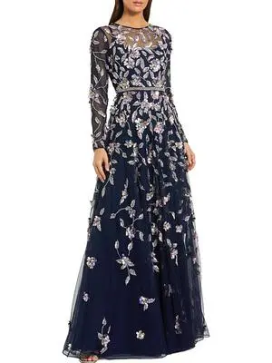 Mac Duggal Long Sleeve Mesh Gown With Beaded Floral Applique - Midnight Multi