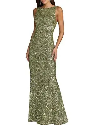 Mac Duggal Mac Duggal Petite High Neck Sleeveless Open Back Sequin Column Gown Sage