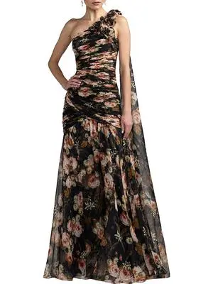 MAC DUGGAL Mac Duggal One Shoulder Floral Printed Chiffon Gown
