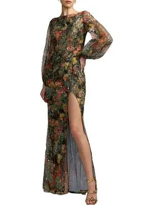 Mac Duggal Floral Sequined Puff Sleeve Gown - Charcoal Multi