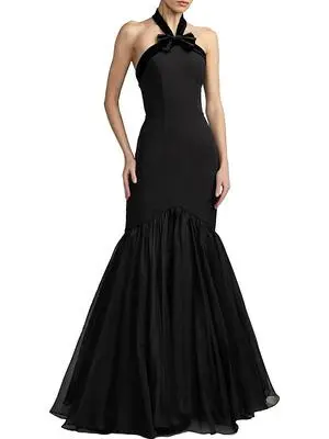 Mac Duggal Halter Mermaid Gown With Bow - Black