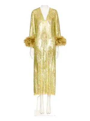 Valentino Garavani Sequin And Feather Embellished Long Sleeve Dress - Nude