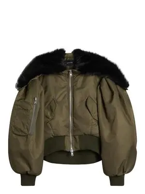Simone Rocha Simone Rocha Cropped Split Faux Fur Hood Bomber Jacket Khaki/black