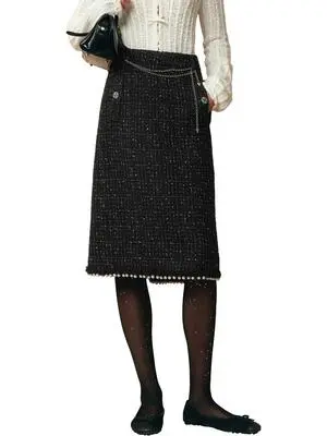 Fabrique Catherine Pearl Embellished Tweed Straight Skirt - Black