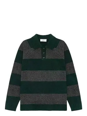 LES DEUX Striped Knitted Polo Sweater - Green