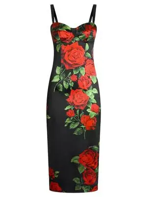 Dolce & Gabbana Rose-print Satin Midi Dress - Black