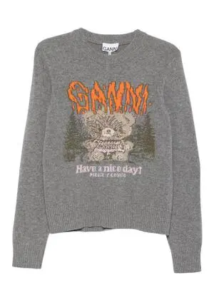 GANNI Graphic-intarsia Crew Neck Sweater - Grey