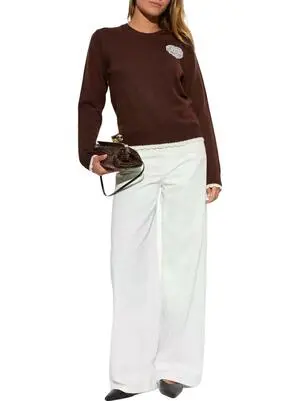 GANNI GANNI Wool Crewneck Sweater With Contrast Trims Brown