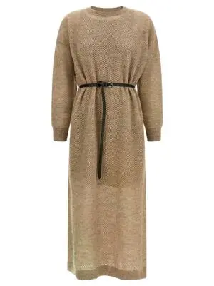 BRUNELLO CUCINELLI Brunello Cucinelli Belted Mesh-Knit Midi Dress