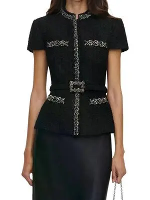 SELF-PORTRAIT Bouclé Crystal-trim Satin Midi Dress - Black