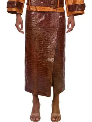 ROWEN ROSE Croc-effect Midi Wrap Skirt - Brown