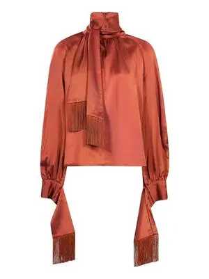 ROWEN ROSE Fringe-trimmed Tie-neck Blouse - Orange