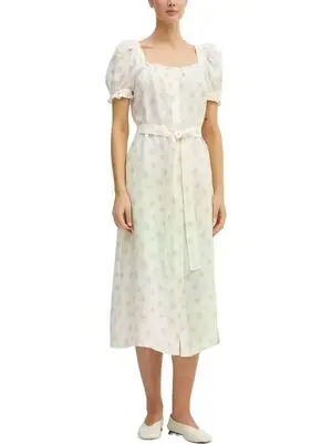 Sleeper Brigitte Daisy-print Belted Linen Midi Dress - White