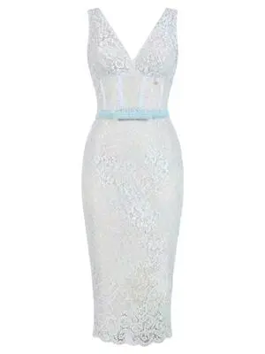 DIVEDIVINE Megan Belted Lace-work Midi Dress - Blue