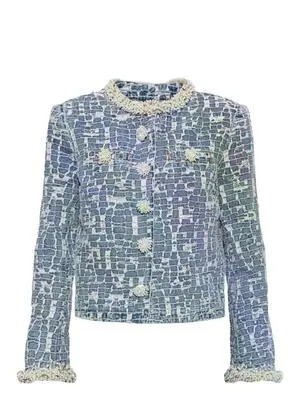 SELF-PORTRAIT Textured Denim Jacket - Blue