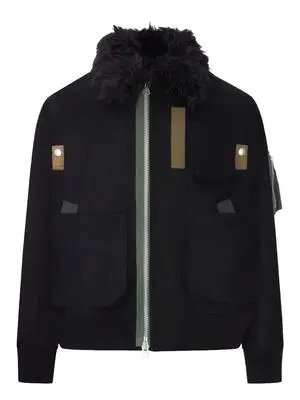 Sacai Melton Faux-fur Collar Wool Jacket - Black