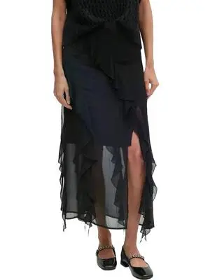 Sisley Ruffled Front-slit Midi Skirt - Black