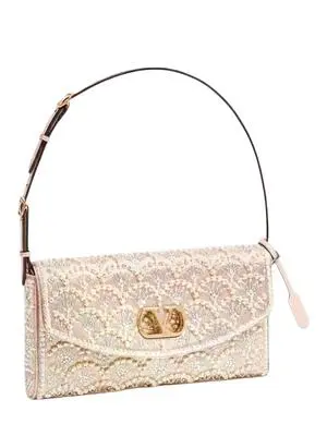Valentino Garavani Devain Small Shoulder Bag With Pearls And Rhinestones - Neutrals