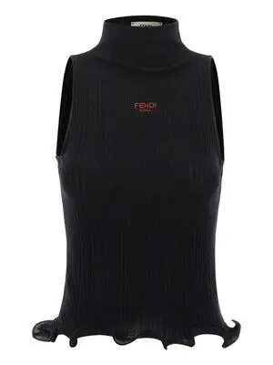 Fendi High Neck Fitted Sleeveless Top With Ruffles - Black