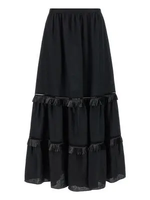 Kiton Fringed Linen Skirt - Black