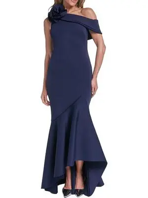 Eliza J One Shoulder Rosette Trim Ruffle Hem Gown - Navy