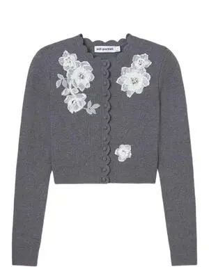 SELF-PORTRAIT SELF PORTRAIT Floral Lace Appliqué Cropped Cardigan Grey