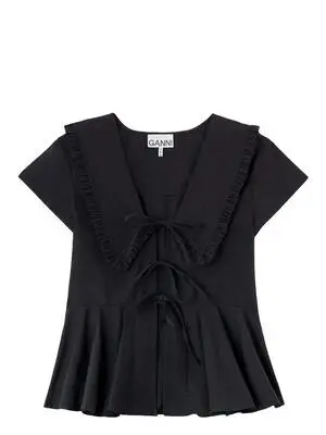 GANNI Ruffled Oversized Collar Peplum Blouse - Black