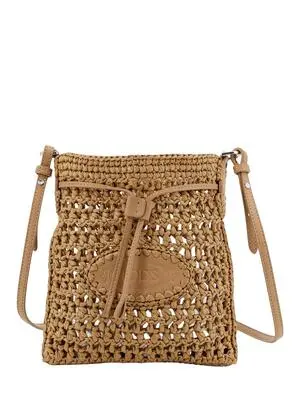 TOD'S Raffia Bucket Bag With Crochet Motif - Cream