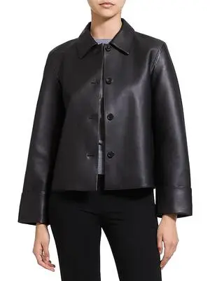 Theory Boxy Leather Cuffed Jacket - Black