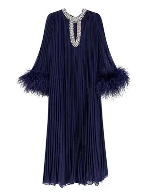 SELF-PORTRAIT Chiffon Long Dress With Ostrich Feathers - Blue