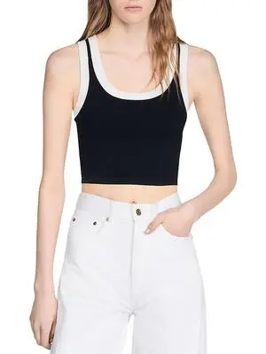 Sandro Two Tone Cropped Knit Top - Black