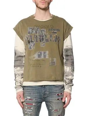 PURPLE BRAND Two Layer Distressed Graphic Cotton T-shirt - Green