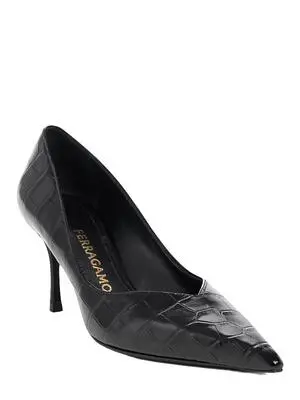 FERRAGAMO Desi Croc-embossed Pointed Pumps - Nero