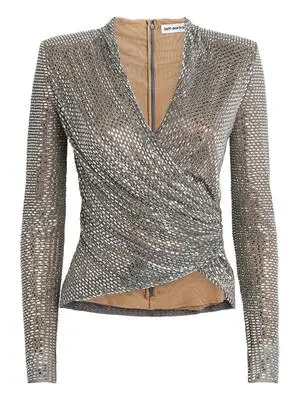 SELF-PORTRAIT Rhinestone-embellished Wrap Top - Grey