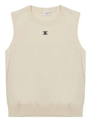 Celine Logo Gilet In Virgin Wool Blend - Beige