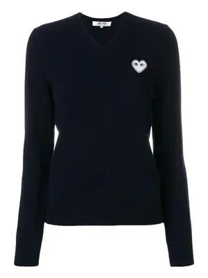 Play Comme Des Garcon V-neck Heart-logo Sweater - Black