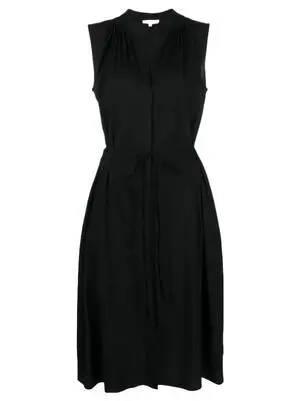 Vince Shirred Band Collar V-neck Dress - Black