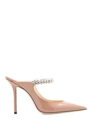 JIMMY CHOO Jimmy Choo Crystal-Embellished Varnished Calfskin Mules Nude