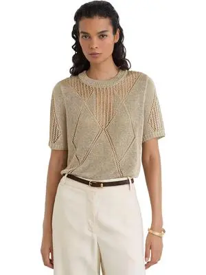 REISS Tamsin Metallic Argyle Open-Knit Top Gold