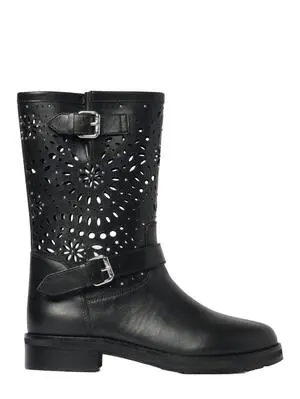 TWINSET Openwork Leather Biker Boots - Black